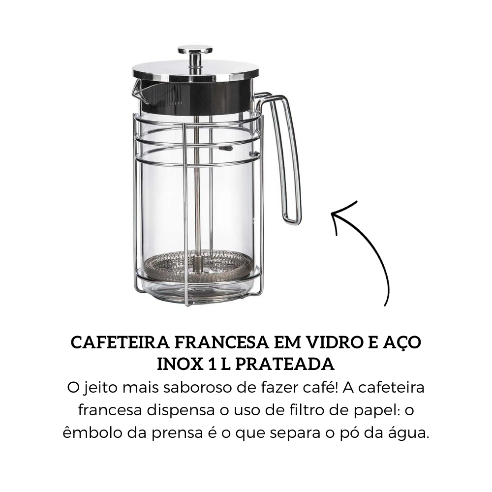 Cafeteira Francesa Em Vidro E Aço Inox Oxford 1L Prateada